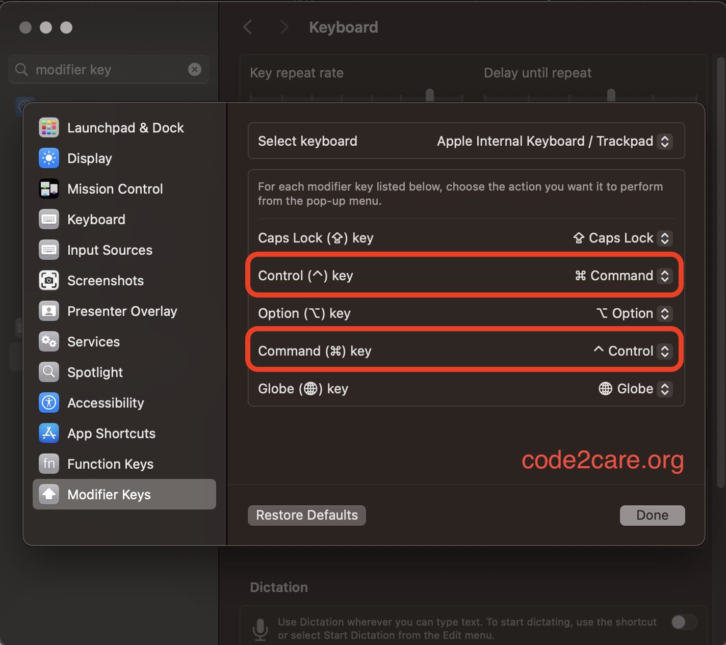 Swapping Command ⌘ and Control ^ on macOS | Code2care