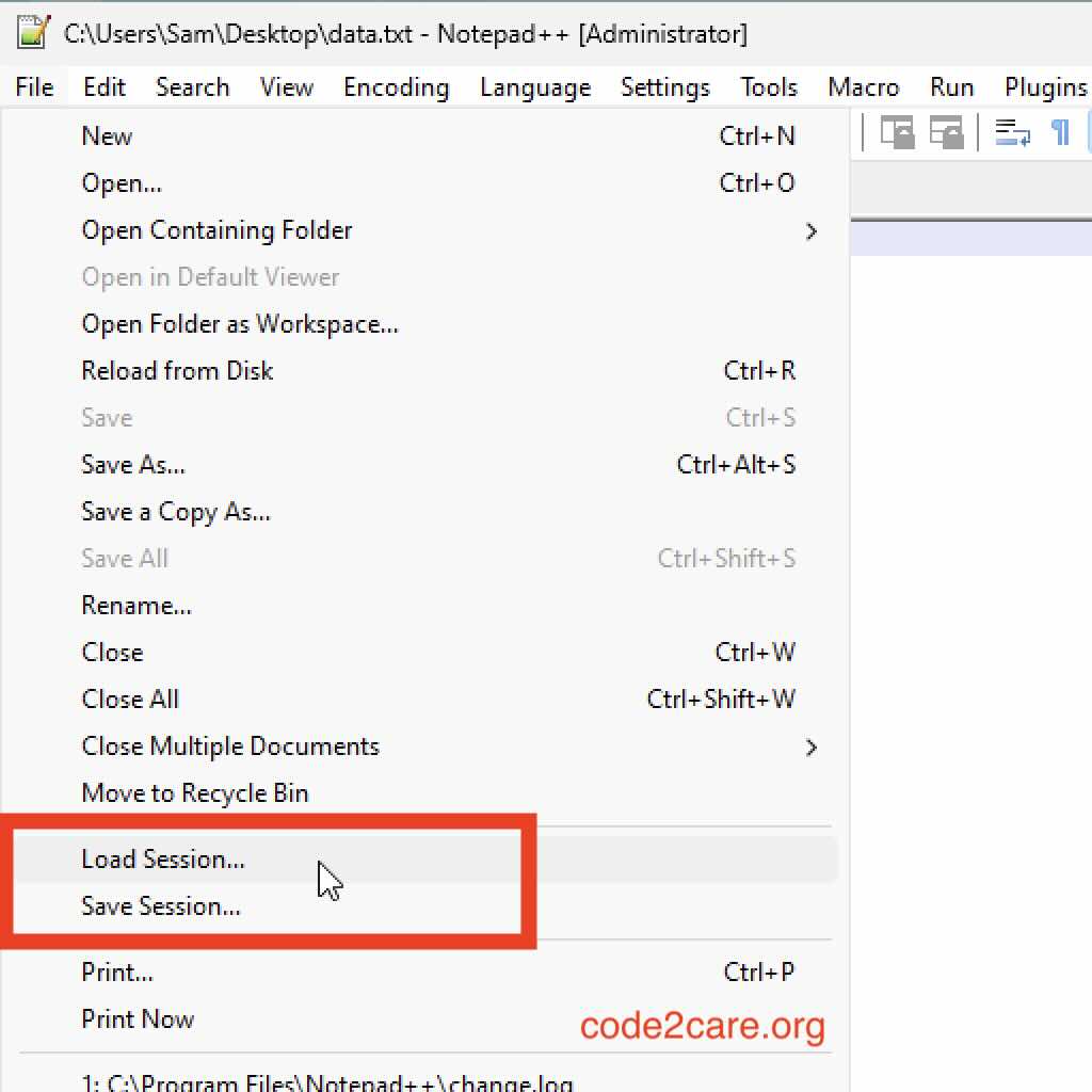 Working with Multiple Files in Sessions in Notepad++ | Code2care
