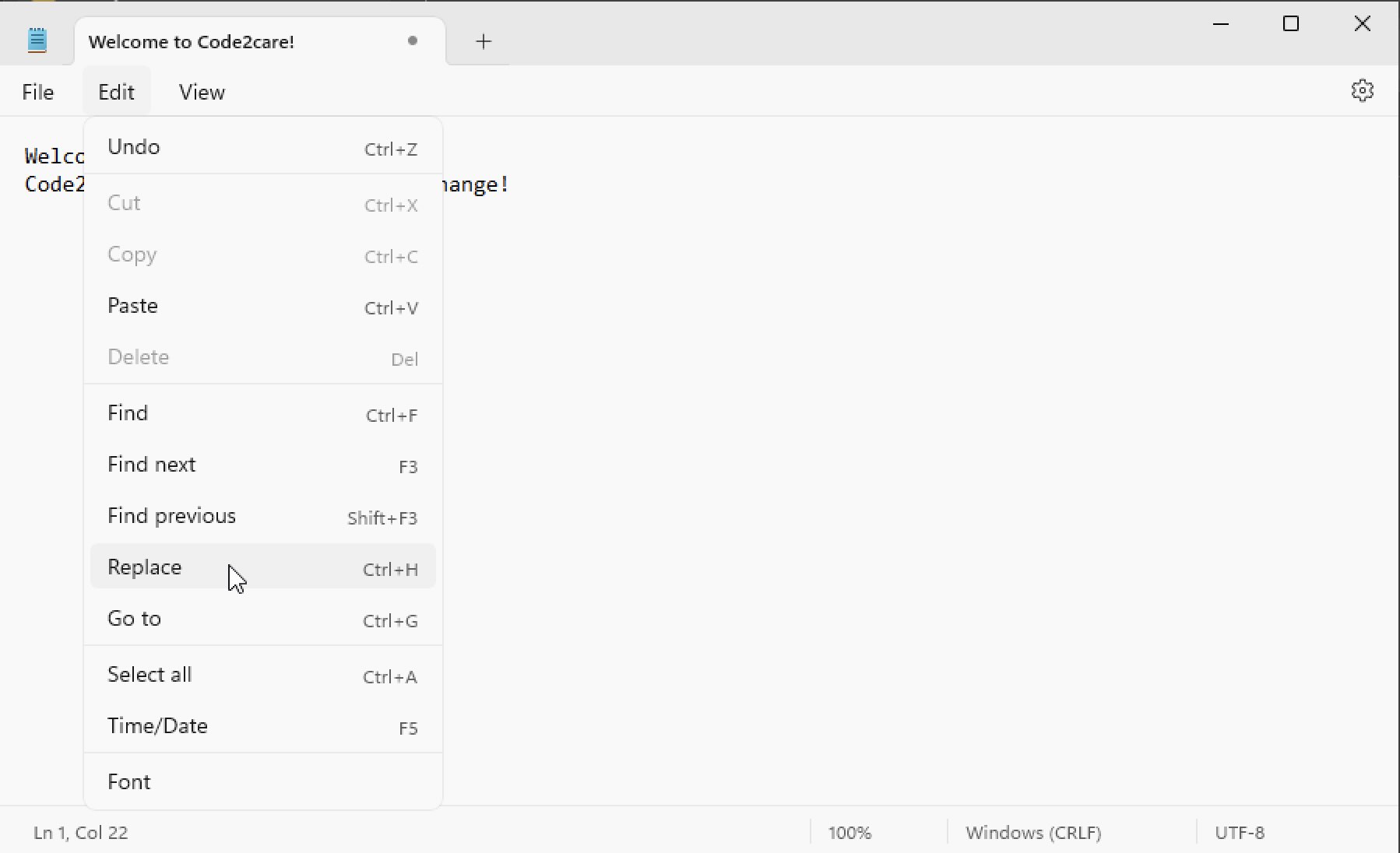 Windows 11 Notepad Find and Replace All Text Example | Code2care