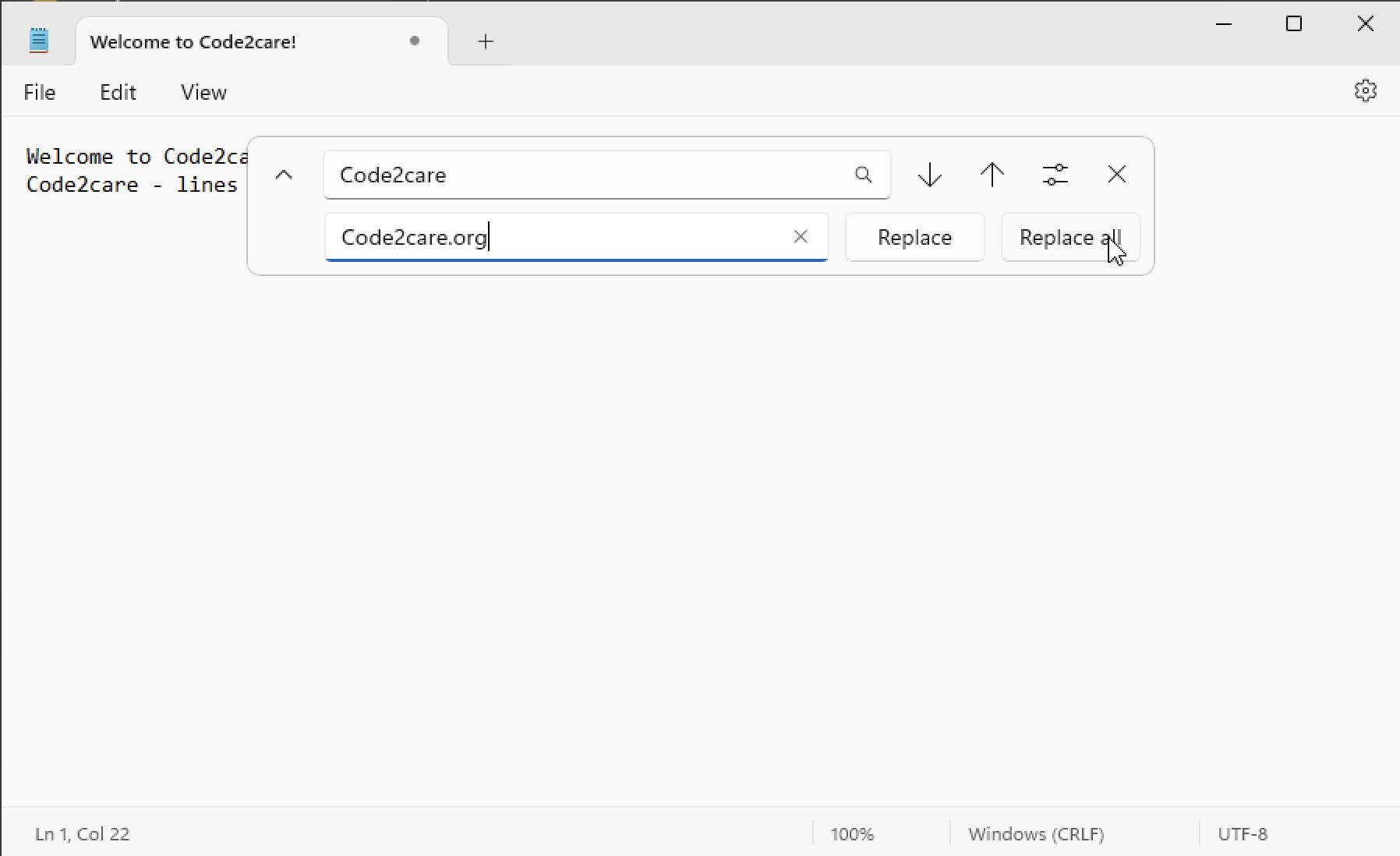 Windows 11 Notepad Find and Replace All Text Example | Code2care