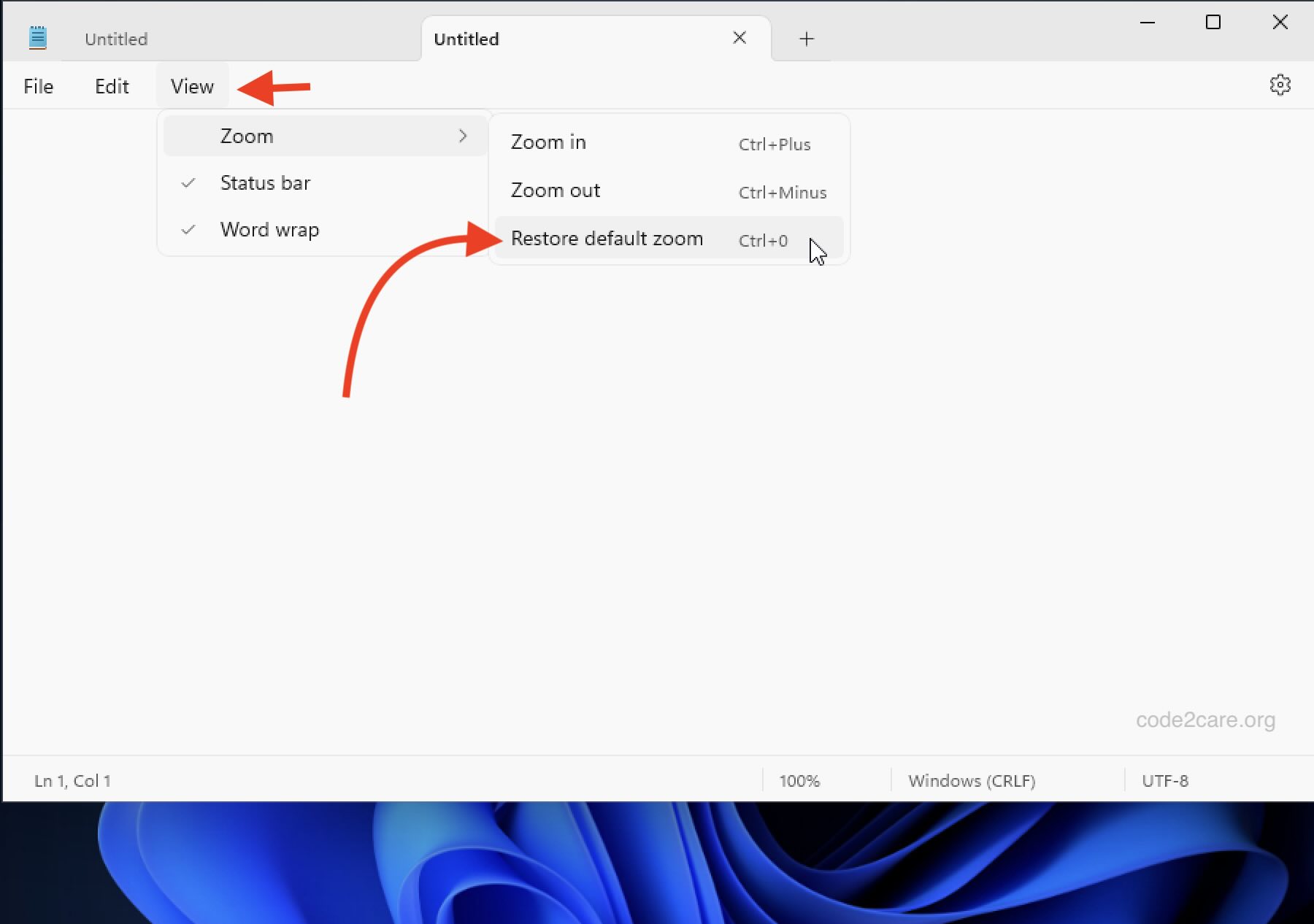 How to Reset Zoom in New Windows 11 Notepad App | Code2care